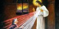 What are the red and white rays in the Divine Mercy image?