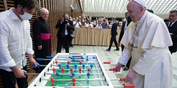 Pope Francis hustles the Foosball table after general audience