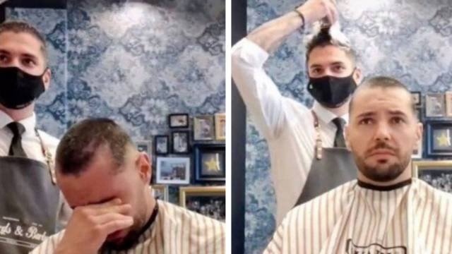 Barber shows solidarity to friend with cancer by shaving his own hair ...