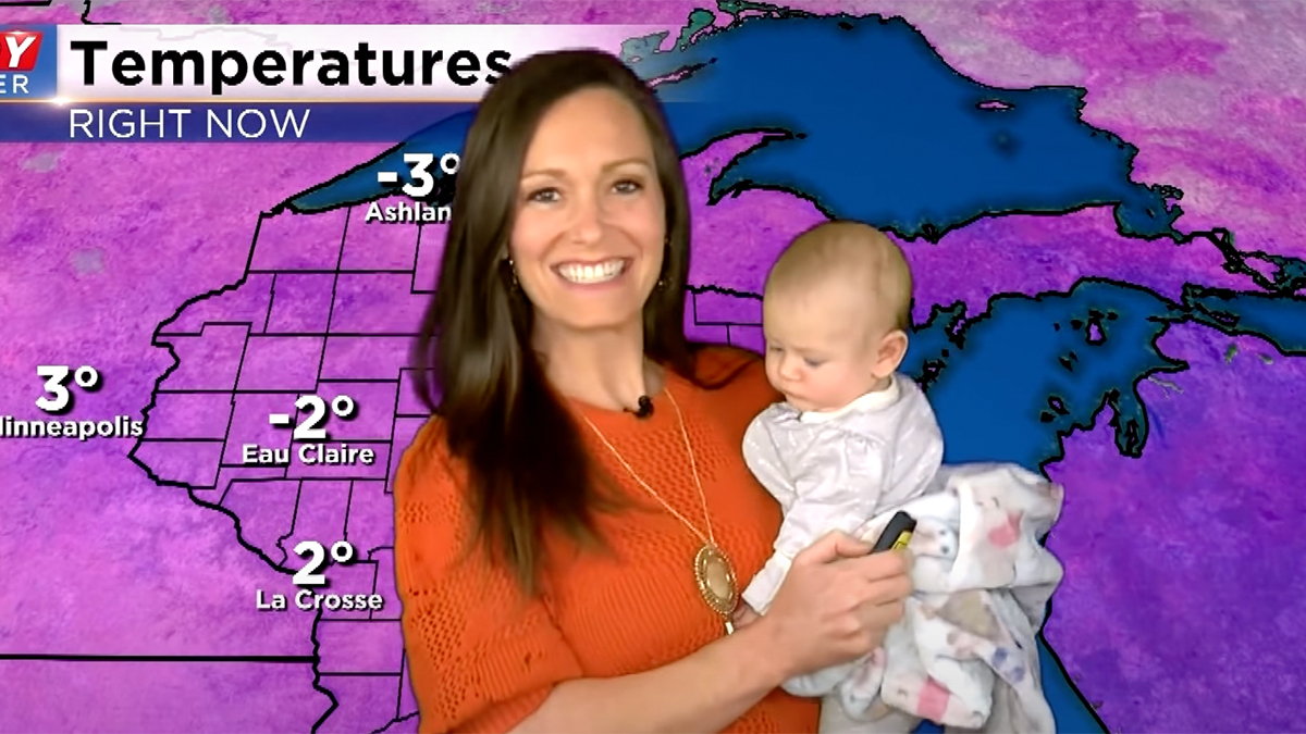 Meteorologist gives weather report holding her baby and brightens ...