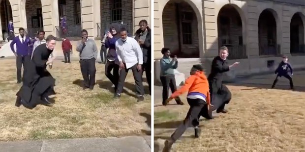 This priest needs to be signed up for today’s Super Bowl!